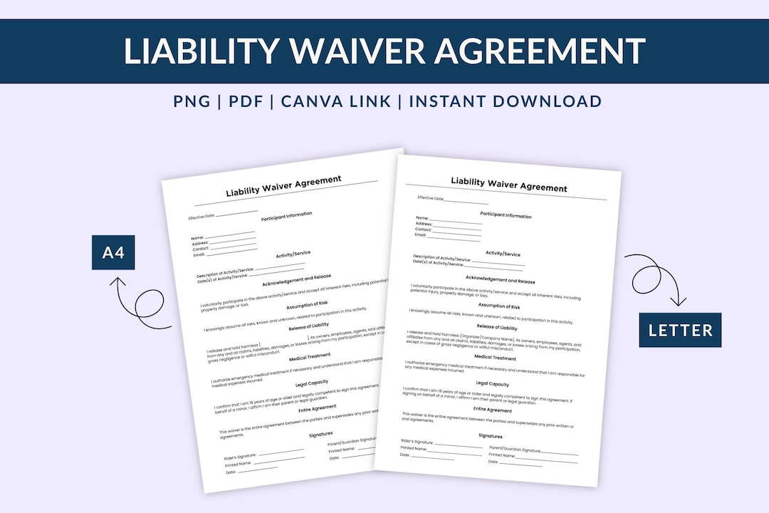 Liability Waiver Agreement | Editable Template | A4 and Letter Size ...