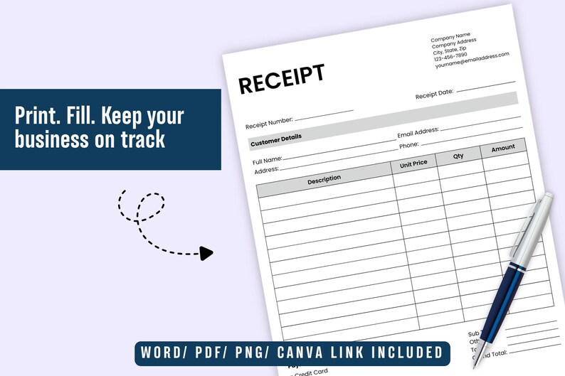 Receipt Template | Printable Business Receipt | Editable Canva, Word ...