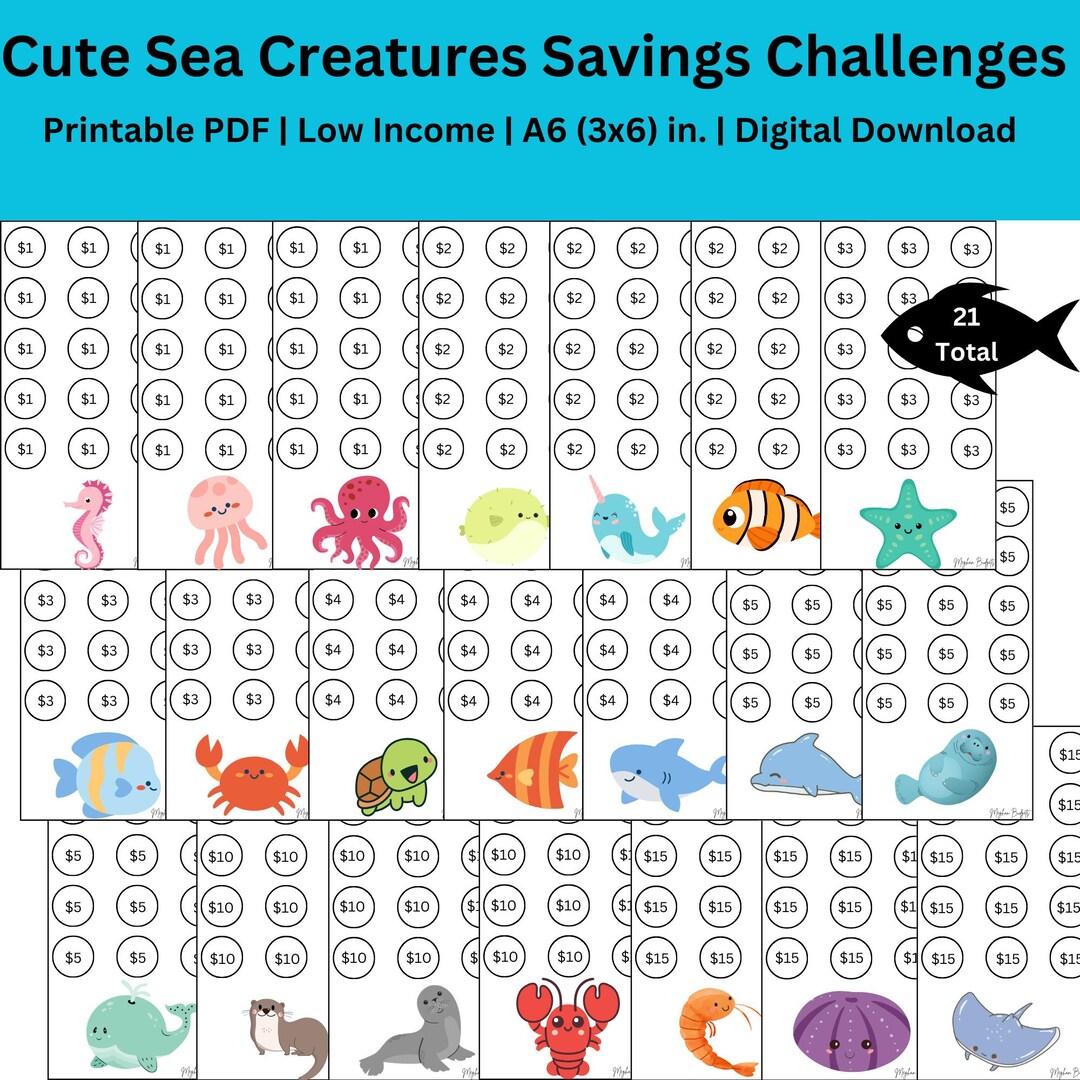 Cute Sea Creatures Savings Challenges, Low Income Money Trackers, A6 ...