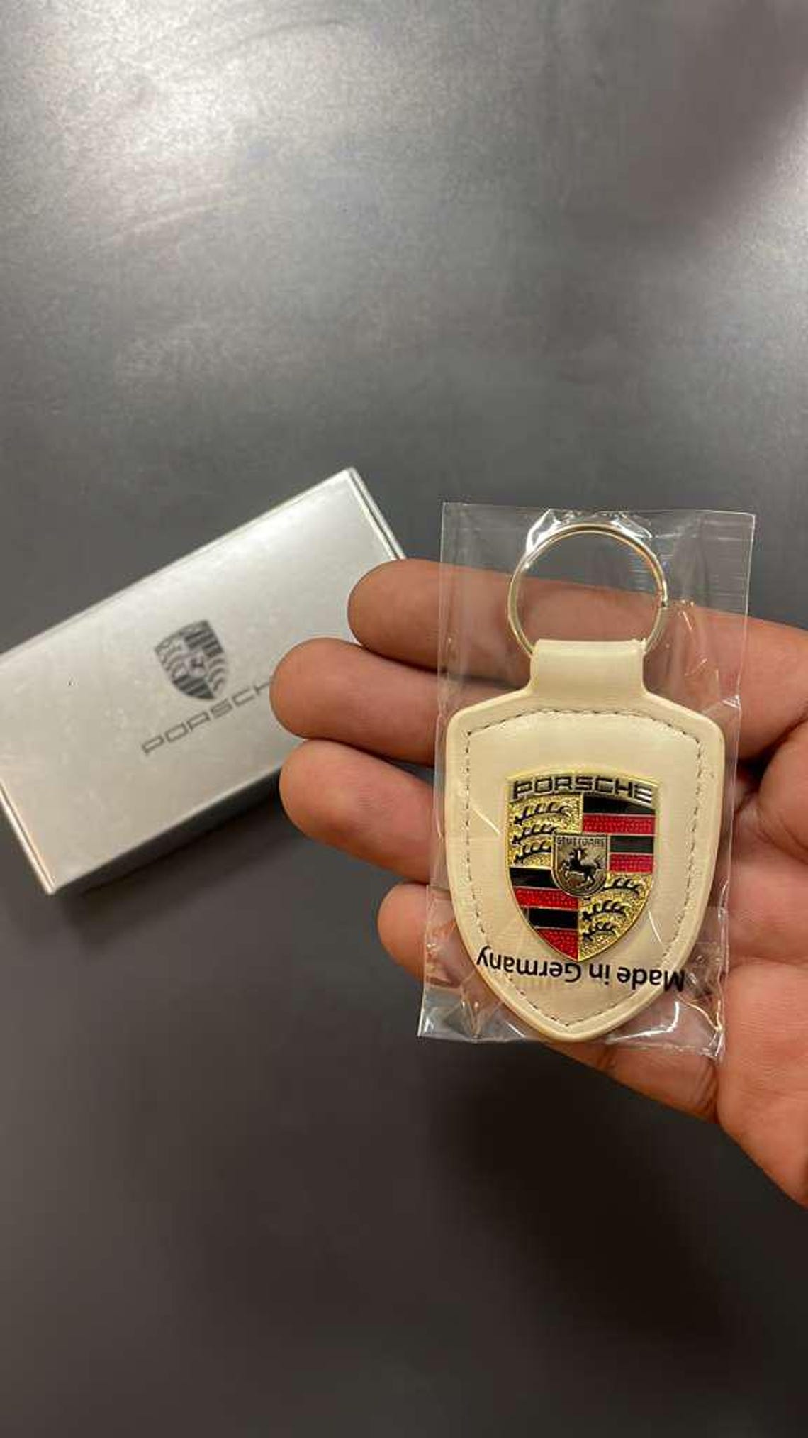 Genuine Porsche Keychain – Cream Leather Key Ring, Luxury Crest Emblem ...