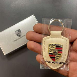 Genuine Porsche Keychain – Cream Leather Key Ring, Luxury Crest Emblem ...