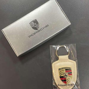 Genuine Porsche Keychain – Cream Leather Key Ring, Luxury Crest Emblem ...