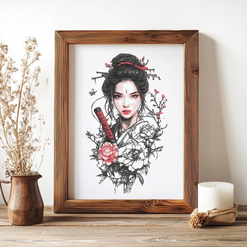 Geisha Embroidery Design – Japanese Girl Samurai With a Katana - Modern ...