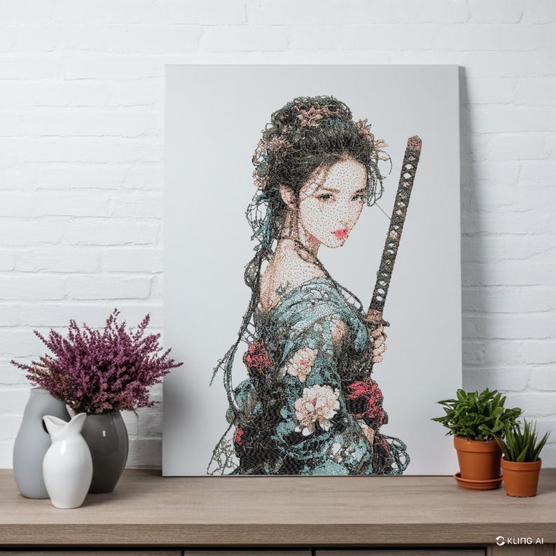 Geisha Embroidery Design – Japanese Girl Samurai With a Katana - Modern ...