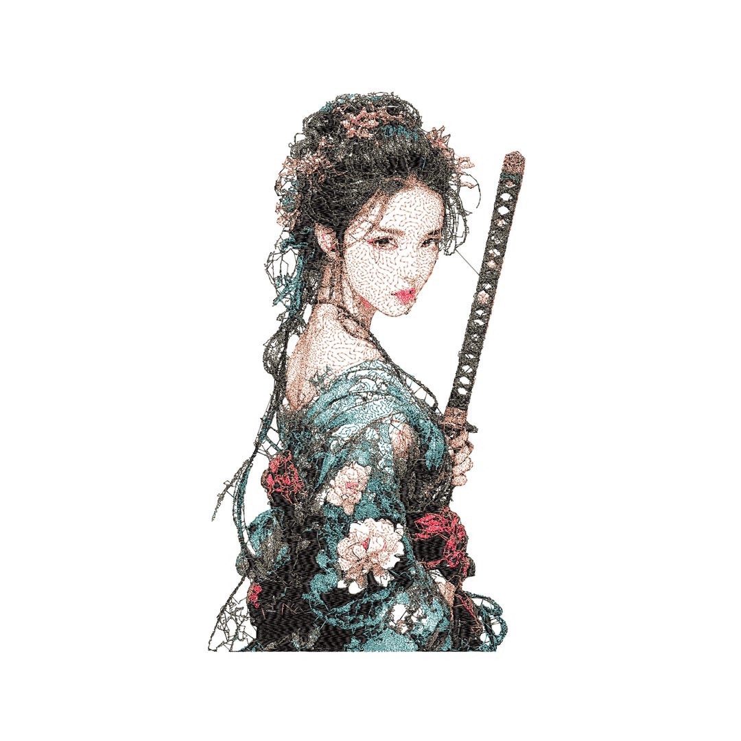 Geisha Embroidery Design – Japanese Girl Samurai With a Katana - Modern ...