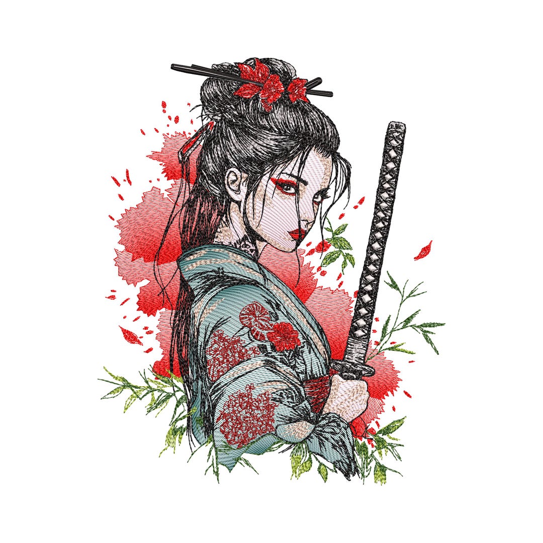 Geisha Embroidery Design – Japanese Girl Samurai With a Katana - Modern ...