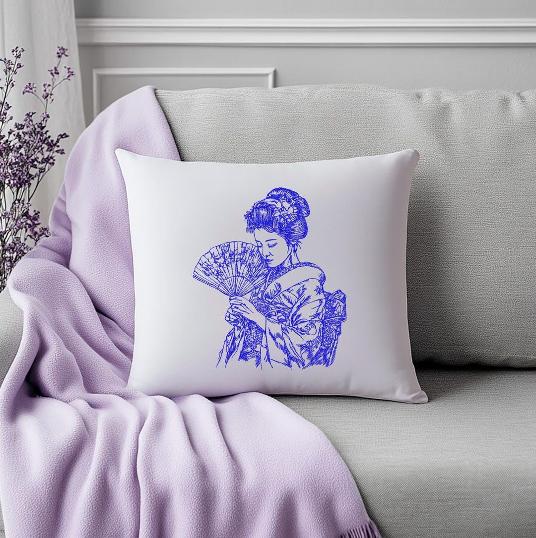 Geisha Embroidery Design – Japanese Woman With Fan – Oriental Line Art ...