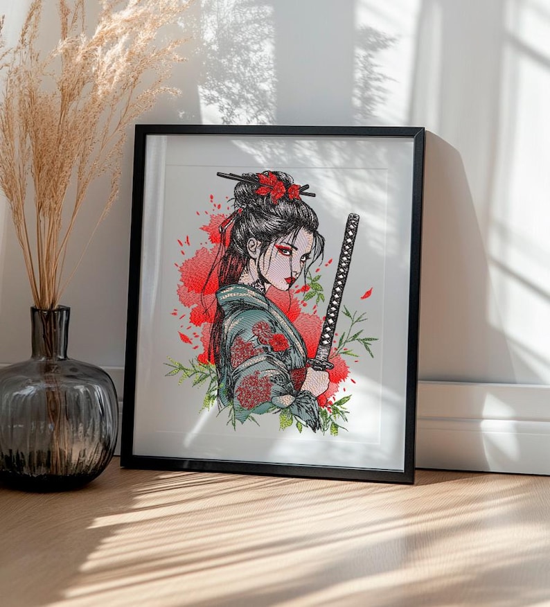 Geisha Embroidery Design – Japanese Girl Samurai With a Katana - Modern ...