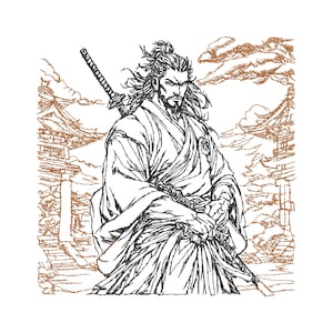 Samurai Embroidery Design – Line Art Samurai Warrior With a Katana ...