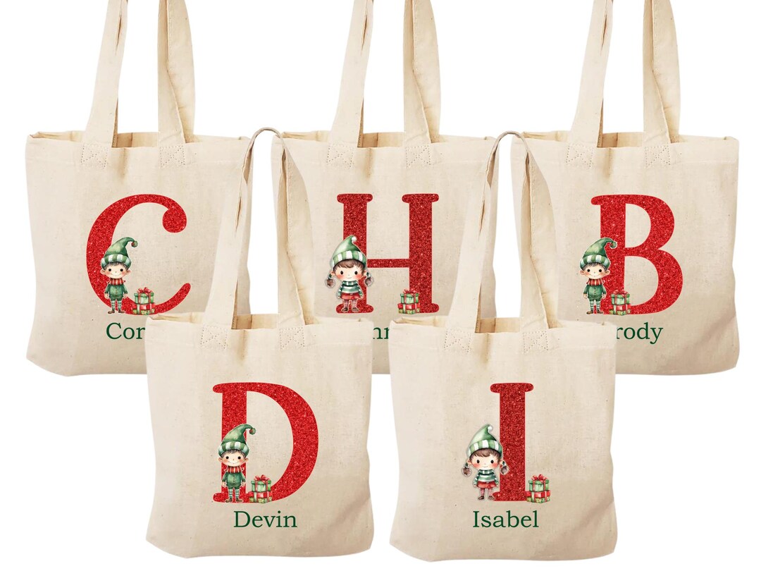 Personalized Christmas Gift Bags, Boy and Girl Elf Monogram Holiday ...