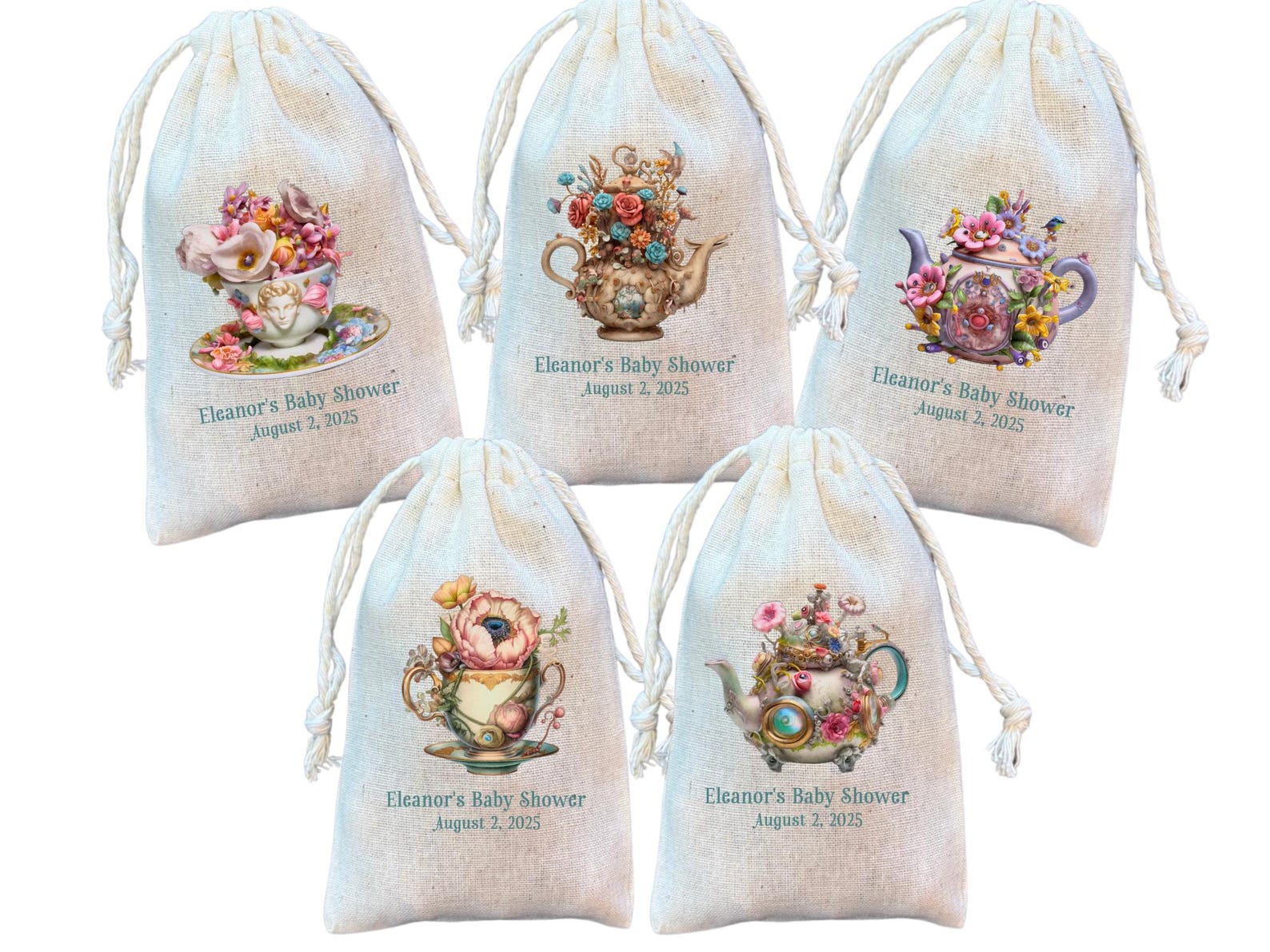 Personalized Tea Party Favor Bags: Whimsical Cotton Gift Bags - Etsy