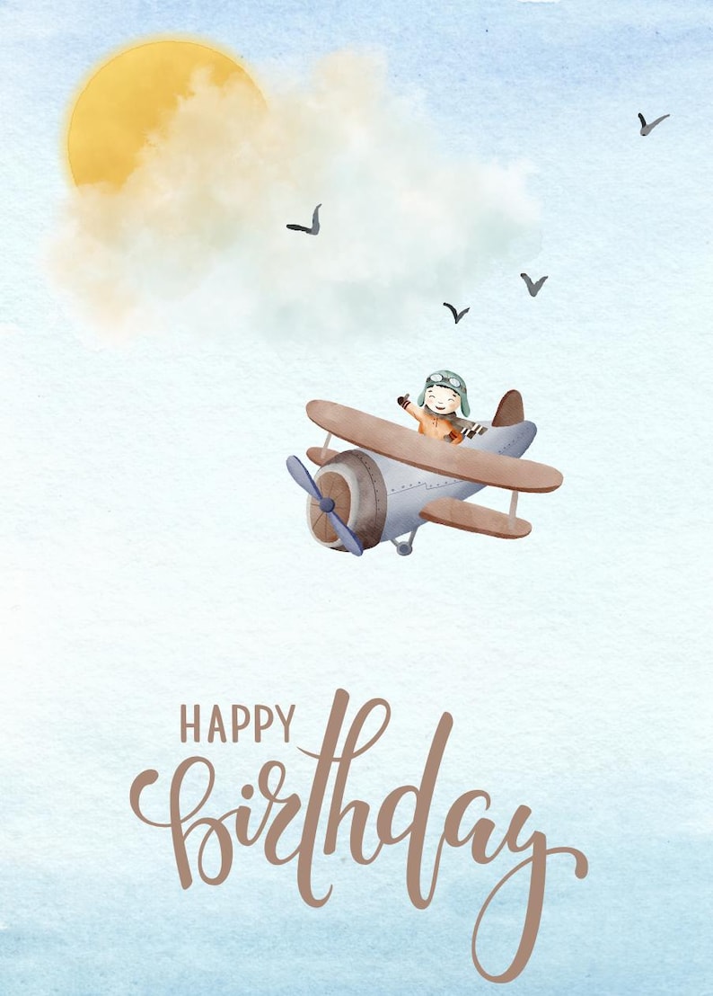 Printable Airplane Birthday Card: Watercolor Design (PDF Download 5x7in ...