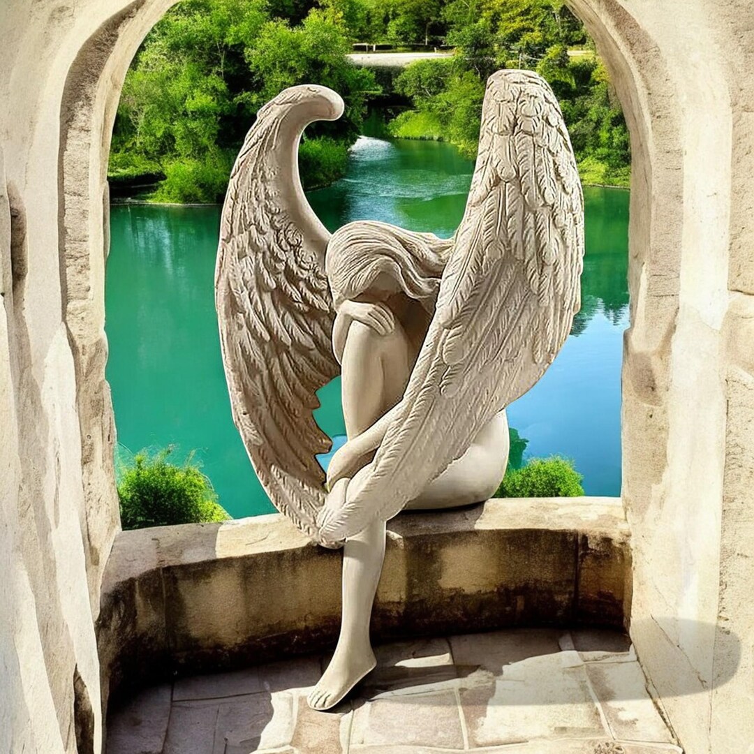 3D Sad Angel Statue | Angel Wings Hugging Legs Sculpture, Emotional ...