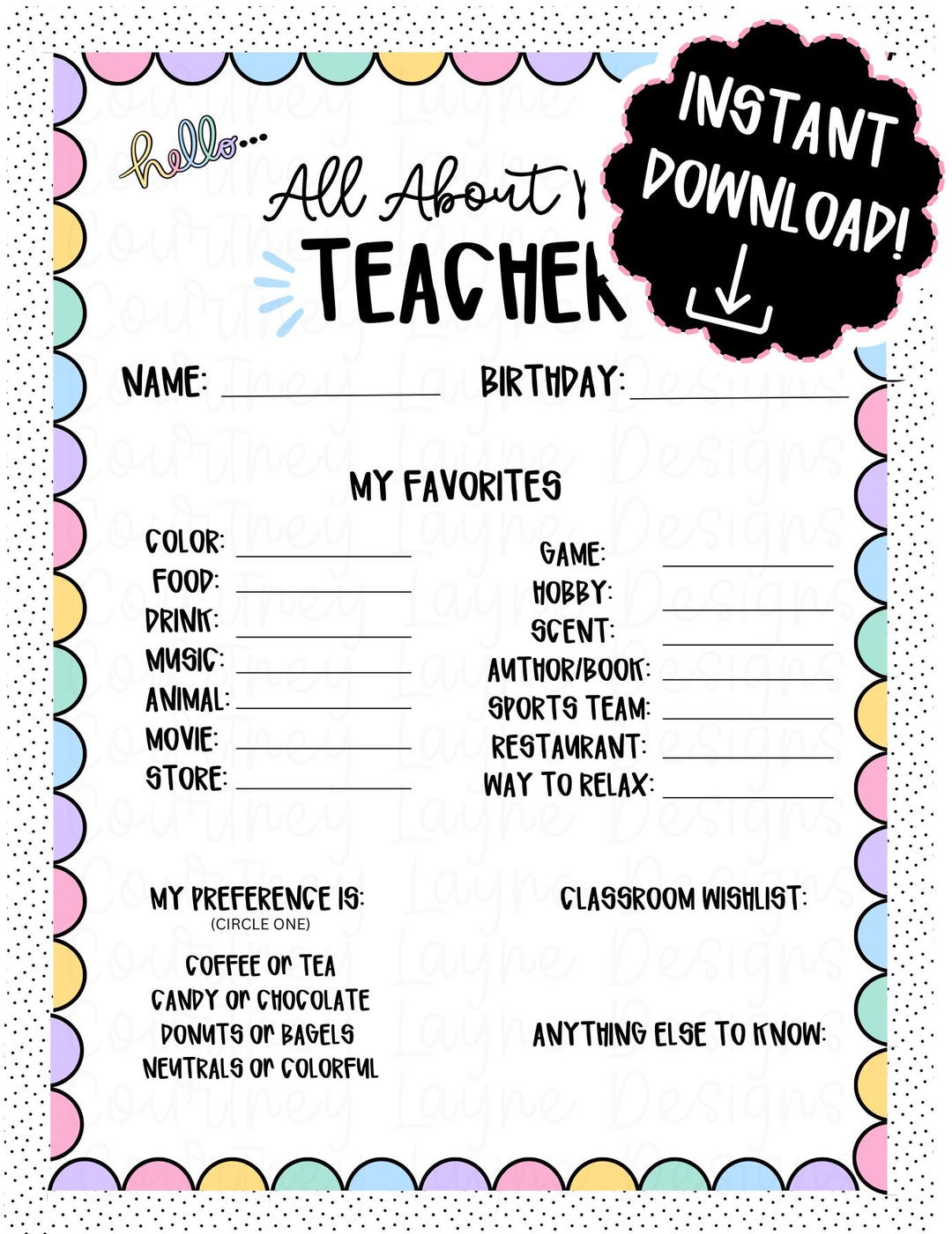 All About My Teacher INSTANT Download PRINTABLE Back to School INSTANT ...