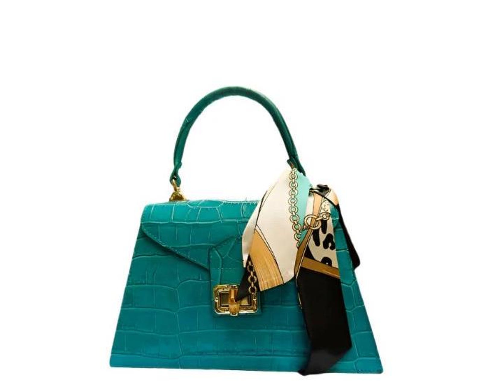 Handcrafted Italian Turquoise Leather Handbag – Croc-embossed Tote ...