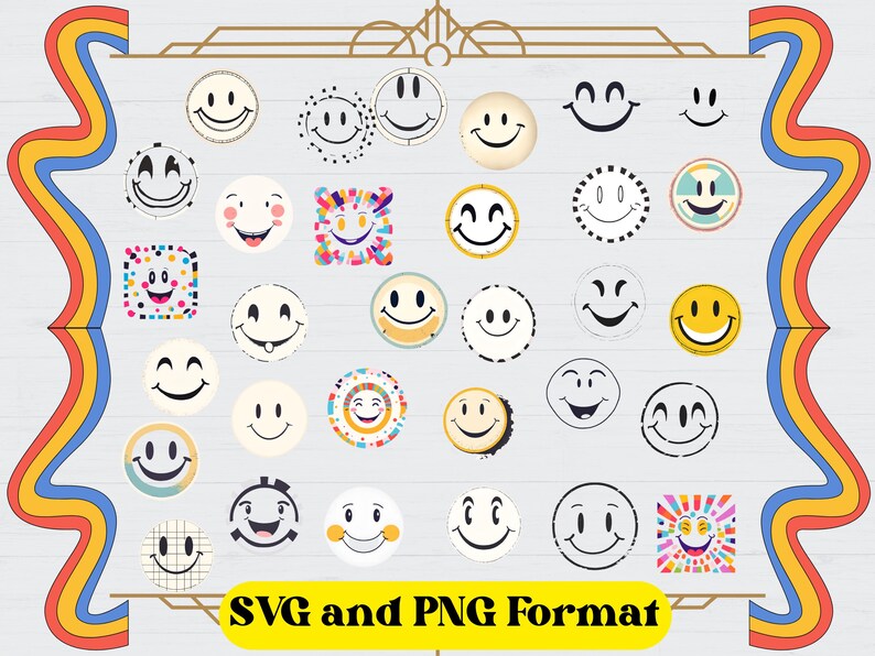 Smiley Face SVG and PNG Bundle: Happy Vintage Retro Groovy Smily Faces ...