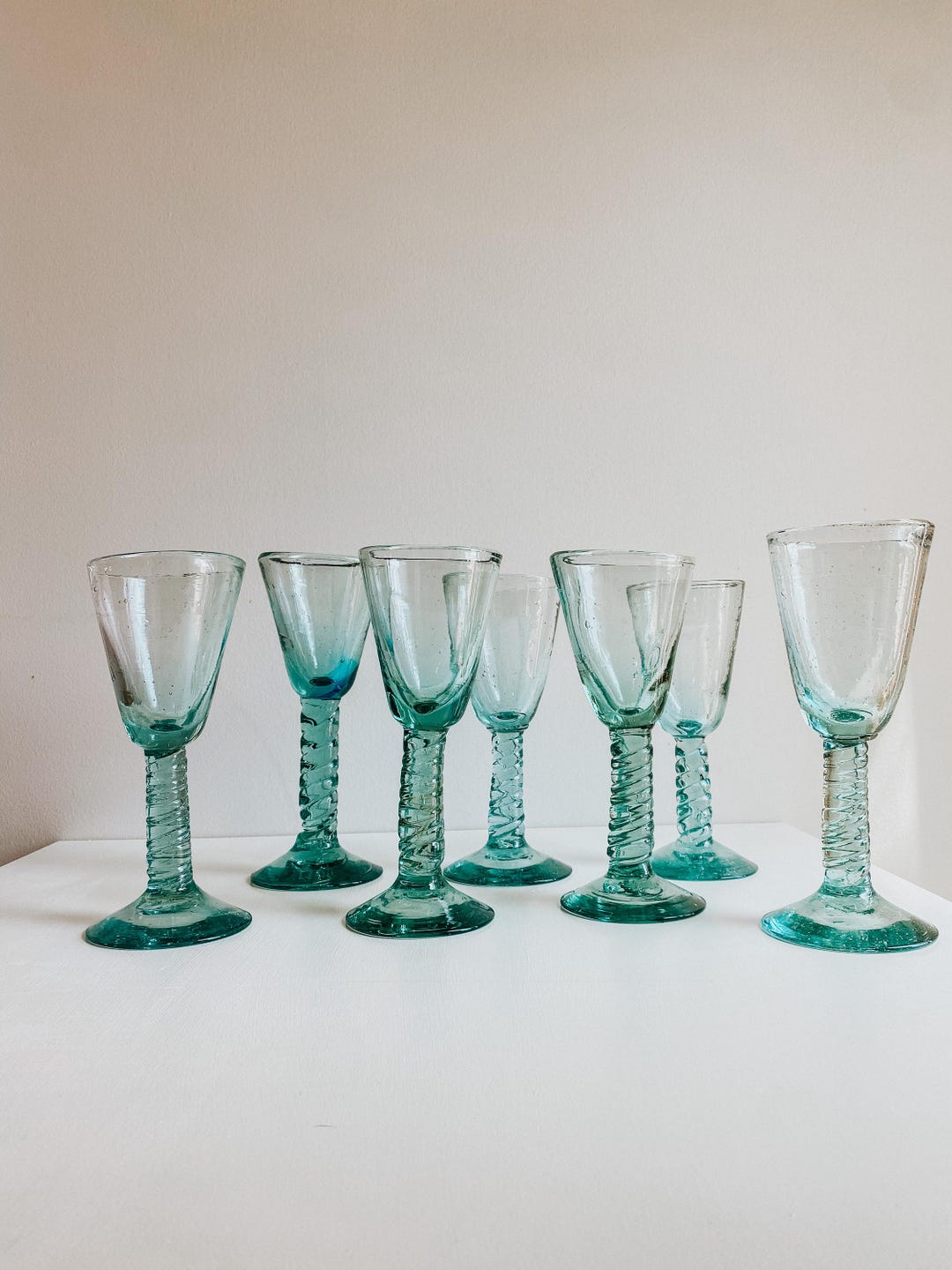 Set of 7 Handblown Green Glass Goblets With Twisted Stems – Artisan ...