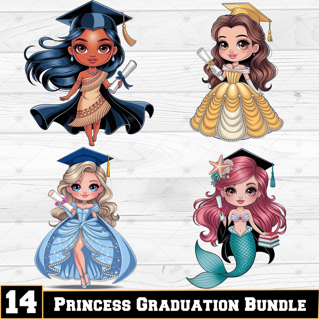 14 Cartoon Princess Graduation 2025 PNG Bundle, Graduate Shirt PNG ...