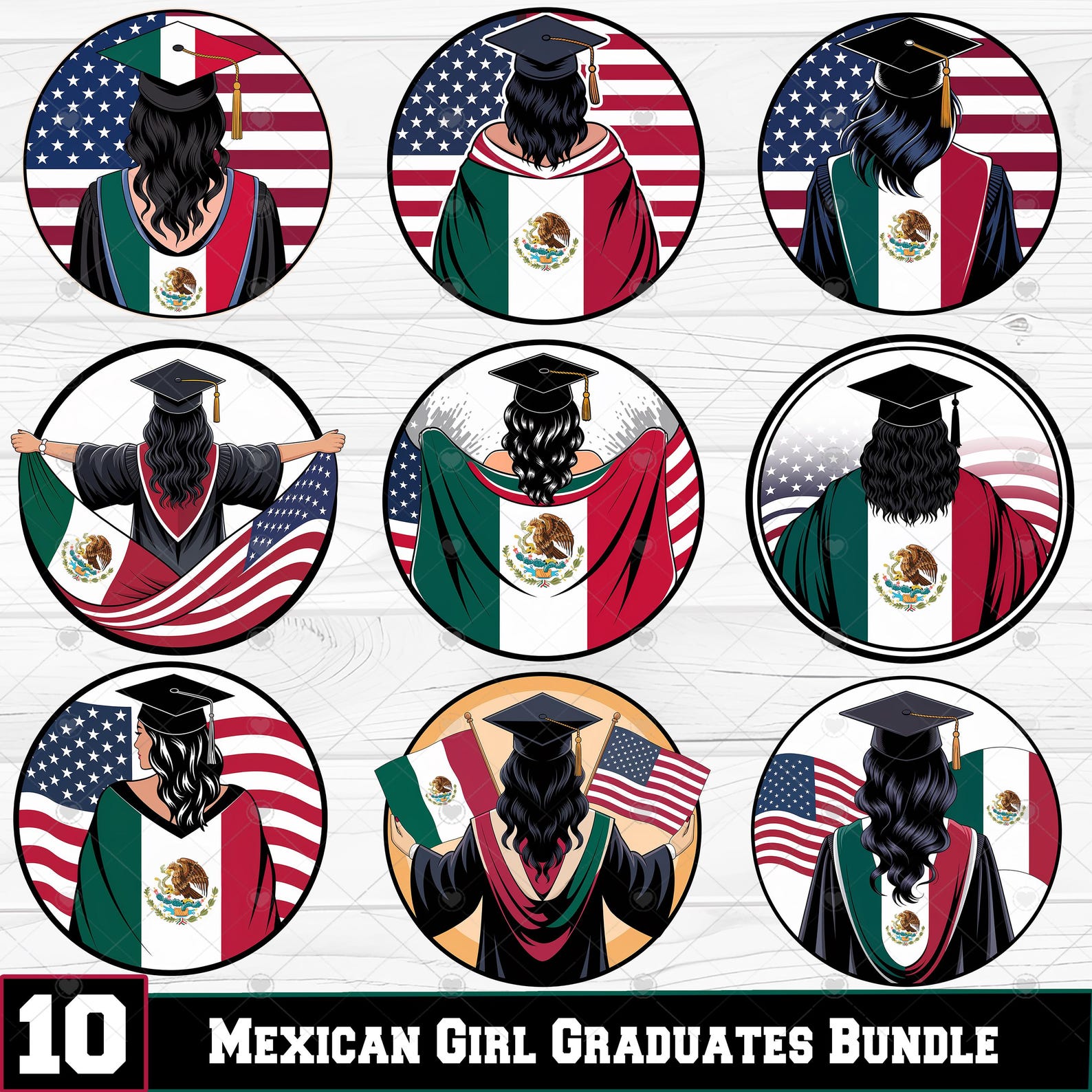 10 Mexican American Girl Graduates PNG Bundle, Mexican American Flag ...