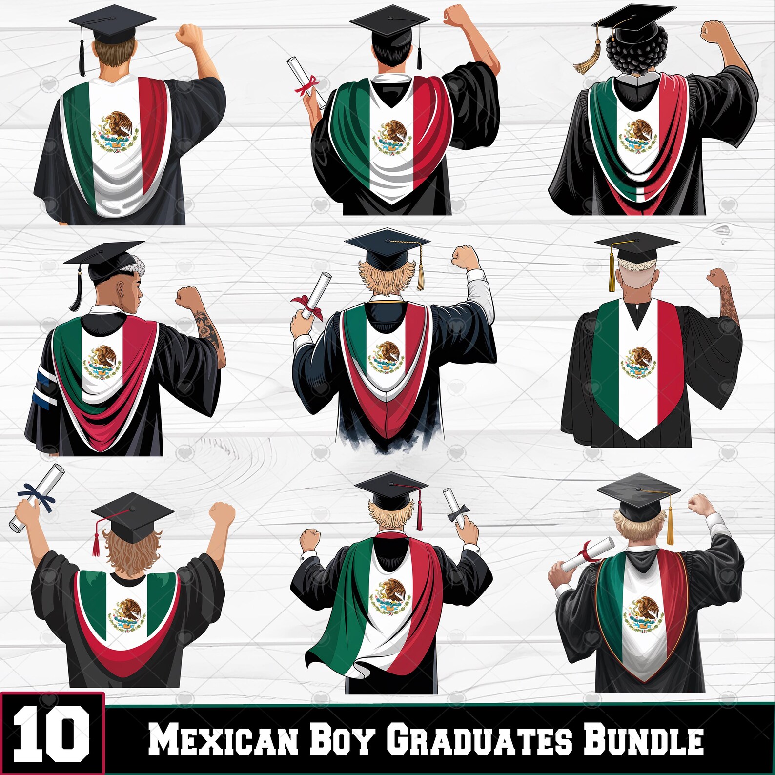 10 MEXICAN Boy Graduates PNG Bundle, Watercolor Mexican Boy Flag Shirt ...