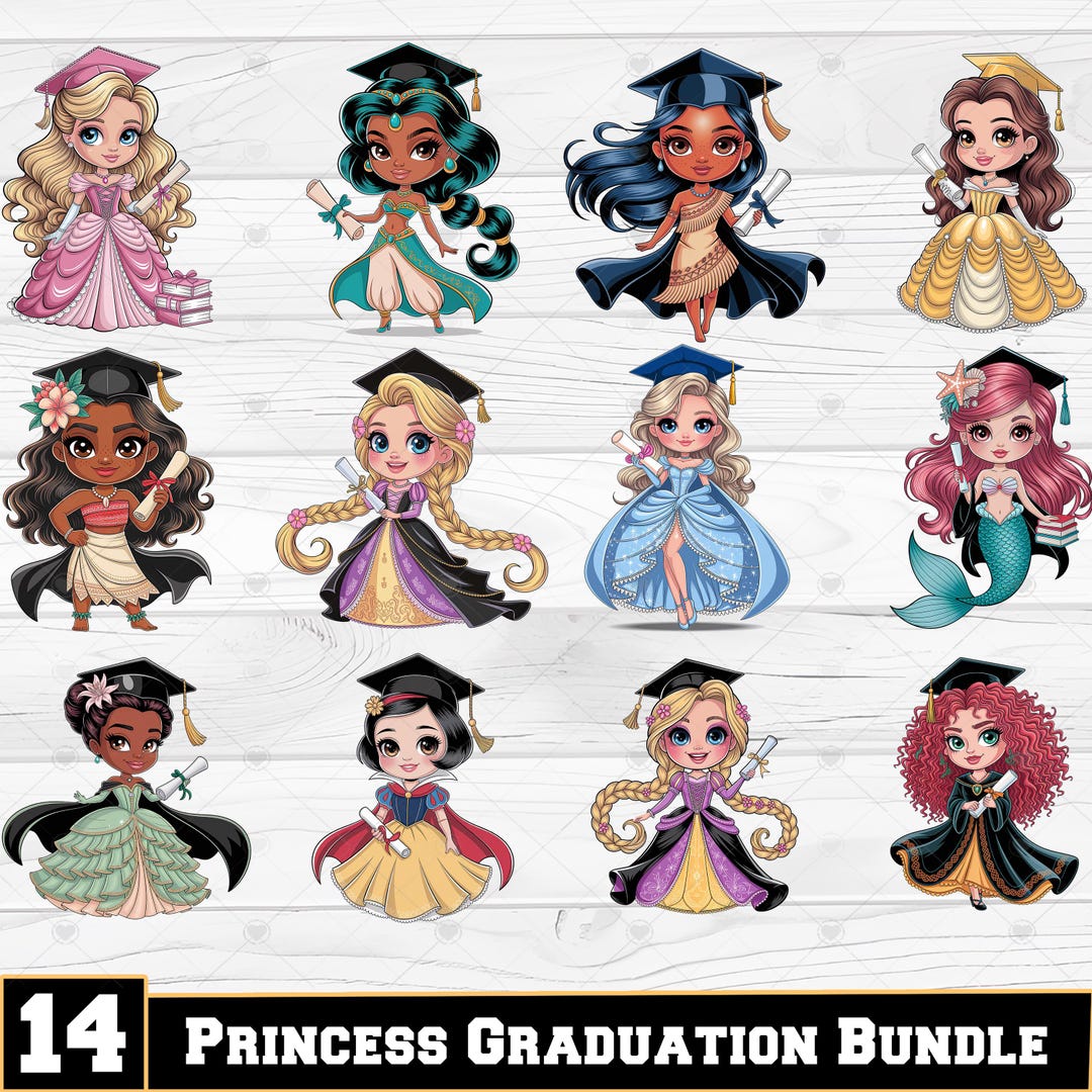 14 Cartoon Princess Graduation 2025 PNG Bundle, Graduate Shirt PNG ...