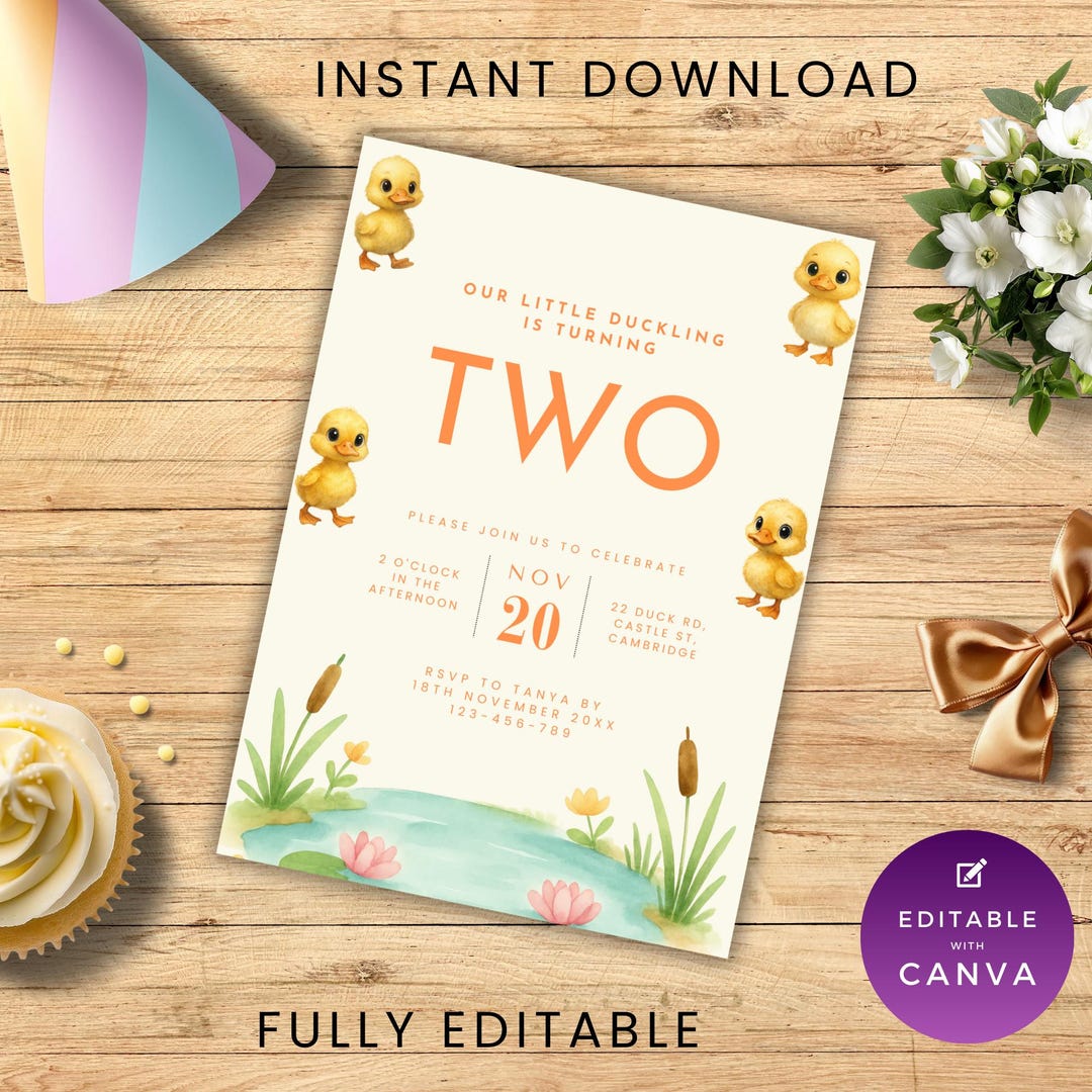 Baby Duck 2nd Birthday Invitation: Editable Canva Template (digital ...