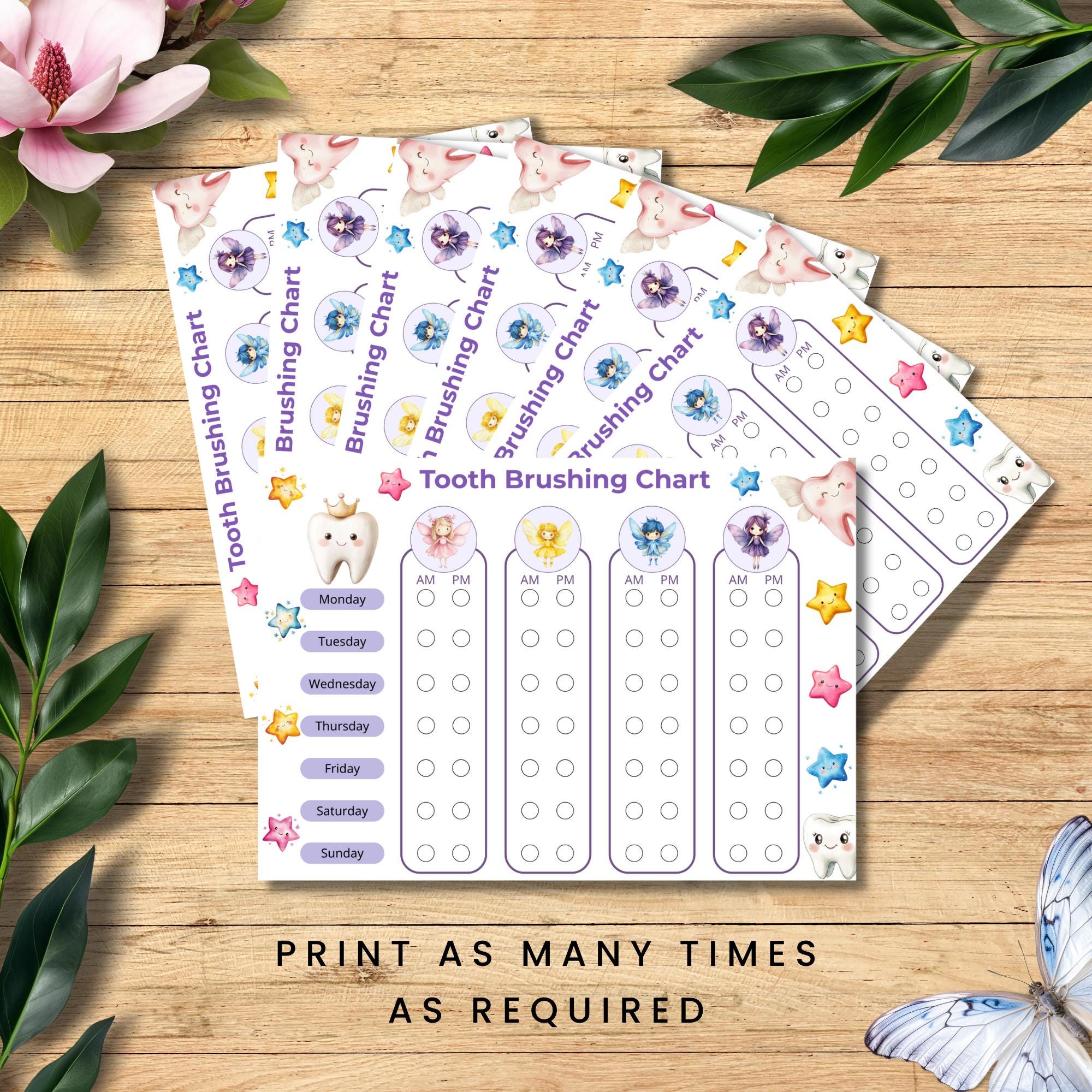 Tooth Fairy Tooth Brushing Chart for Kids Printable, Cute Weekly Teeth ...