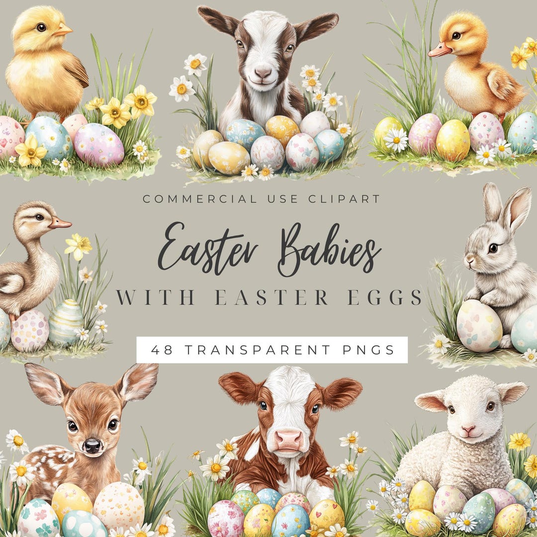 48 Easter Baby Animals Clipart PNG Bundle, Cute Spring Farm Animals ...