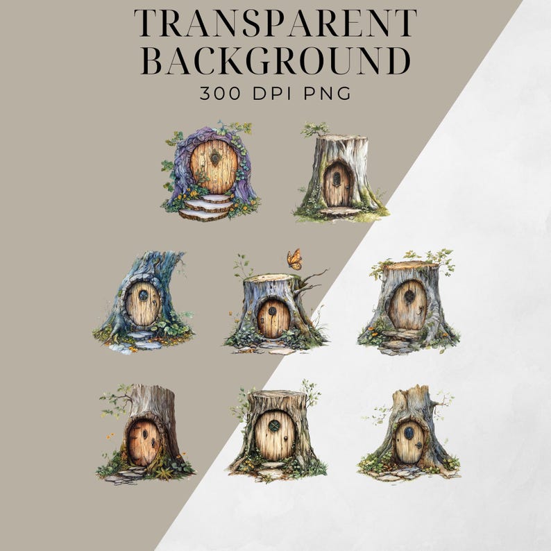 Woodland Fairy Door Clipart Set – 8 PNG Fantasy Tree Stump Doors ...