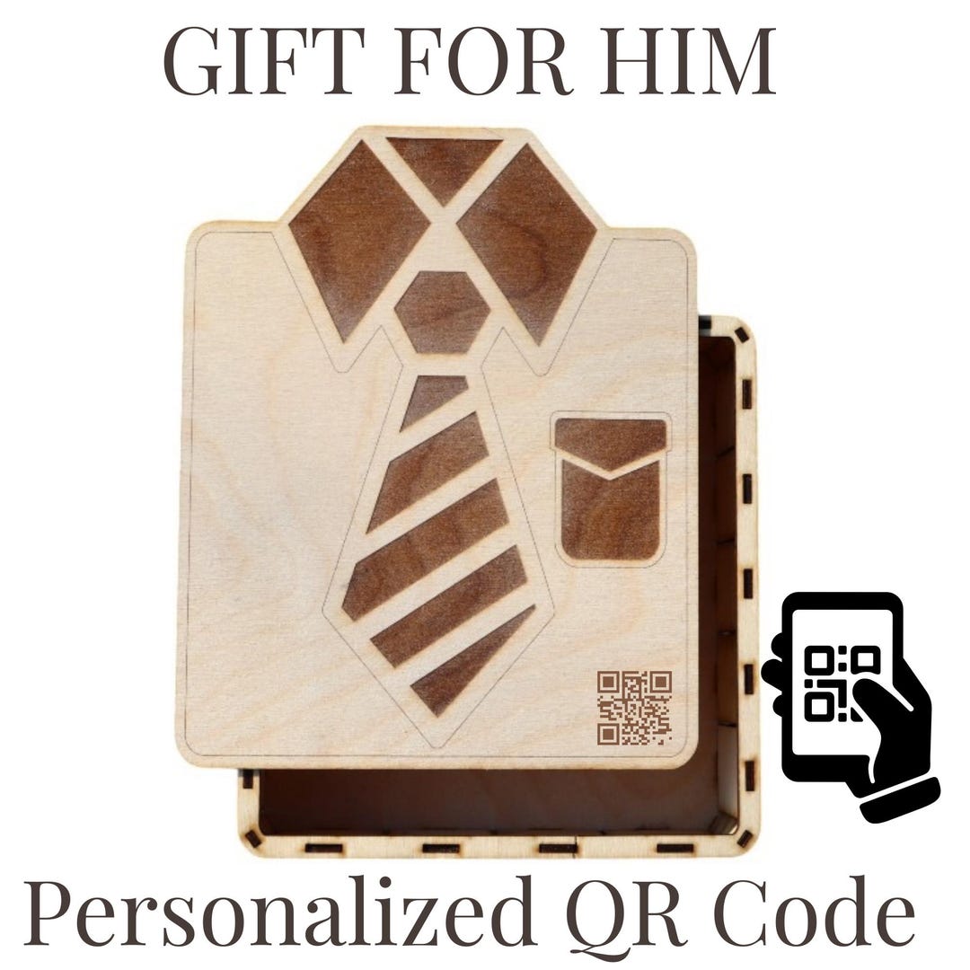 Wooden Gift Box for Men, Custom QR Code Engraved, Tie & Bow Design ...