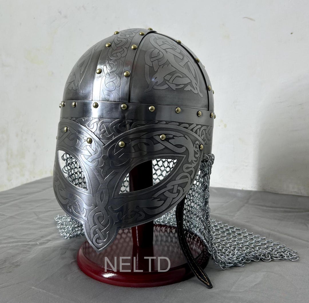 Medieval Etching Viking Vendal Helmet With Chainmail for Neck ...
