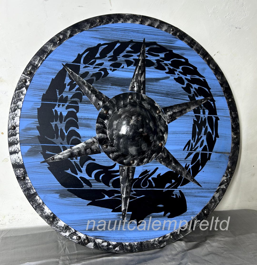 Medieval Viking Round Shield – Blue Serpent Design With Spiked Metal ...