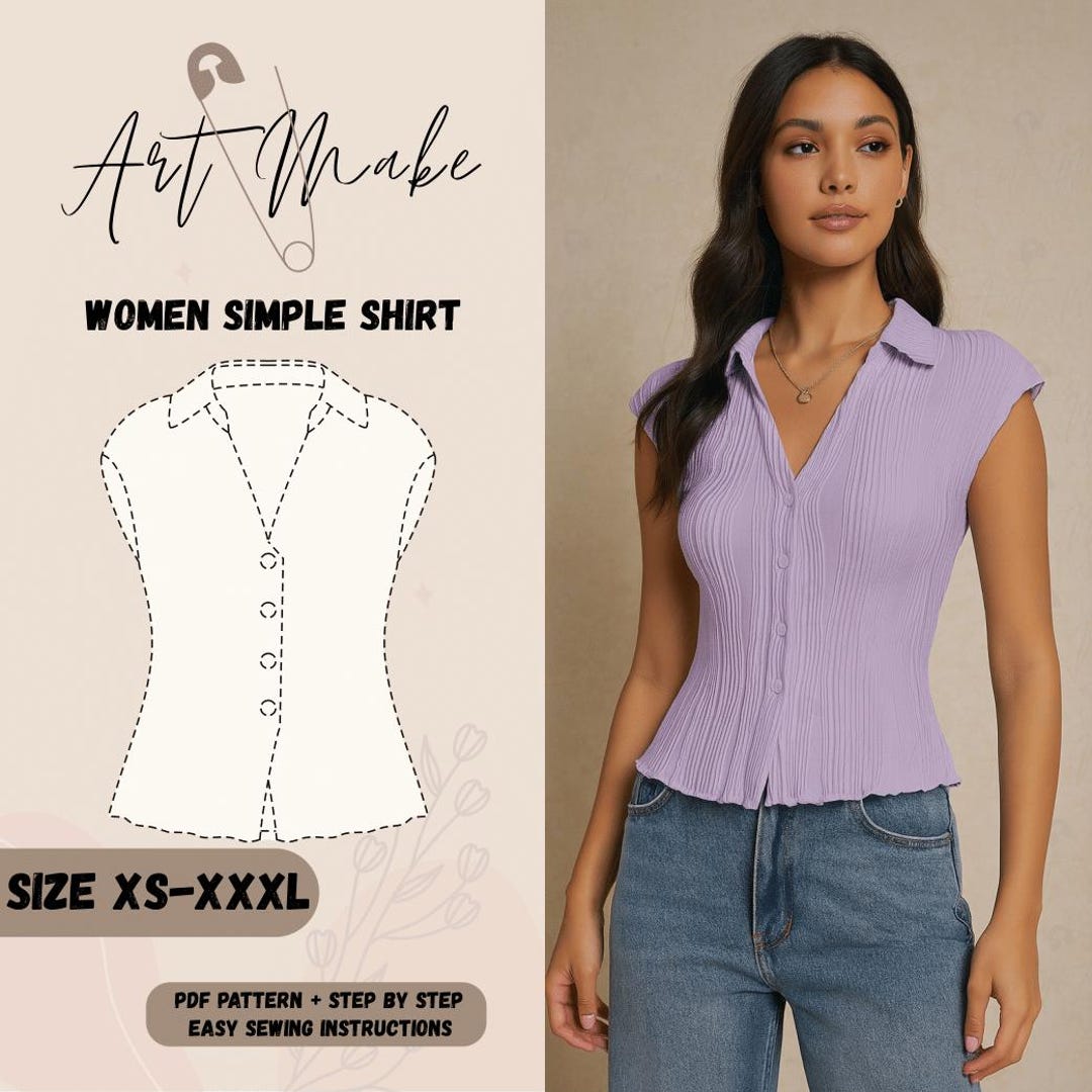 Simple Shirt Sewing Pattern PDF, Women's Button up Top, Short Sleeve ...