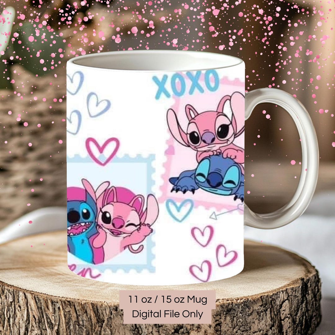 3D Cute Stitch and Angel Mug Design, Stitch and Girlfriend Mug Wrap ...