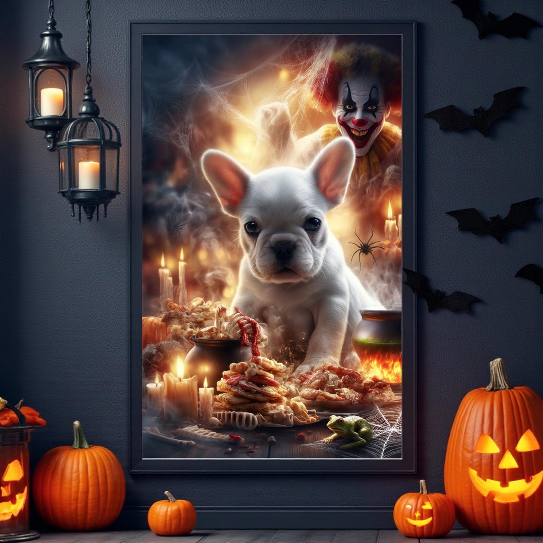 Spooky French Bulldog Halloween Poster: Gothic Clown Decor, A2 Print ...