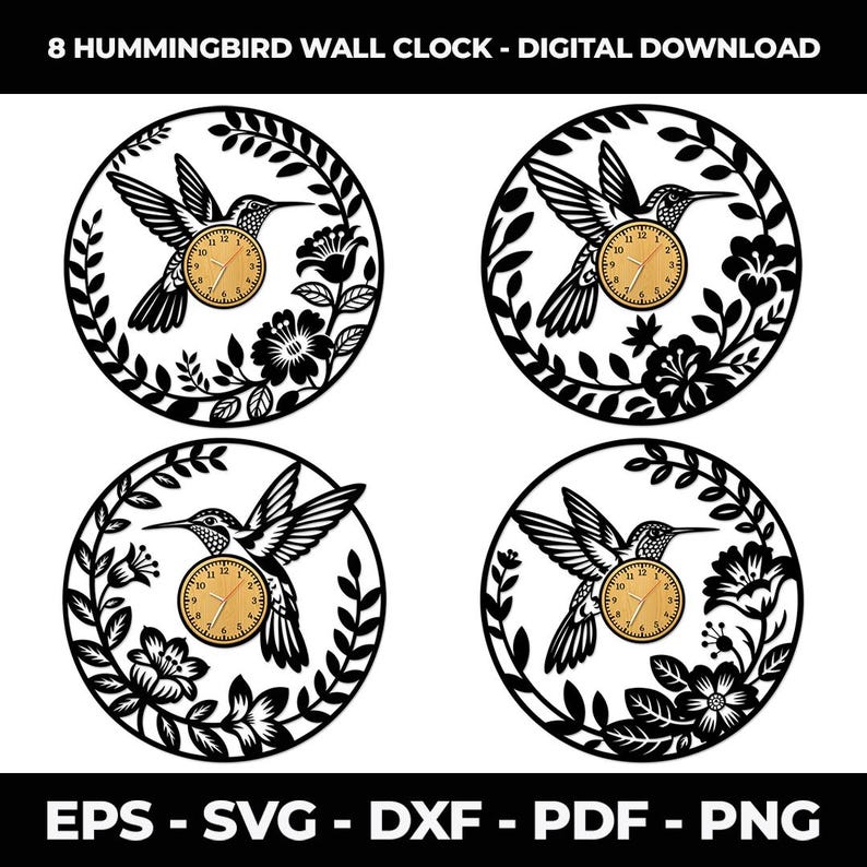 8 Hummingbird Clock SVG Bundle | Laser Cut Wall Clock SVG | Digital ...