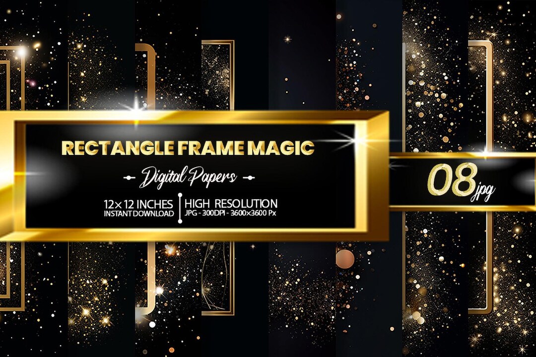 Rectangle Frame Magic Digital Paper Pack, 8 JPG Black and Gold ...