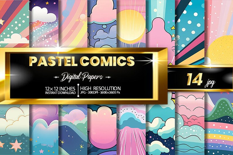 Pastel Comics Digital Paper Pack, 14 JPG Cartoon Backgrounds, Cute Pop ...
