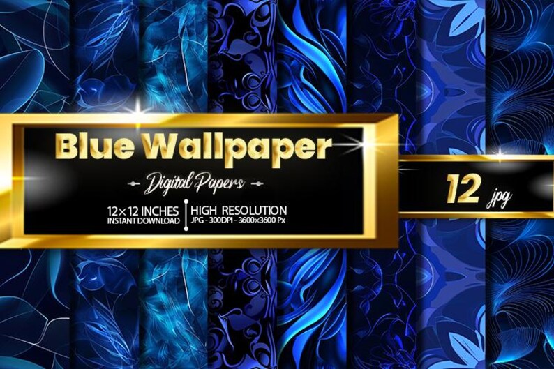 Blue Wallpaper Digital Paper Pack, 12 JPG Abstract Backgrounds, Dark ...