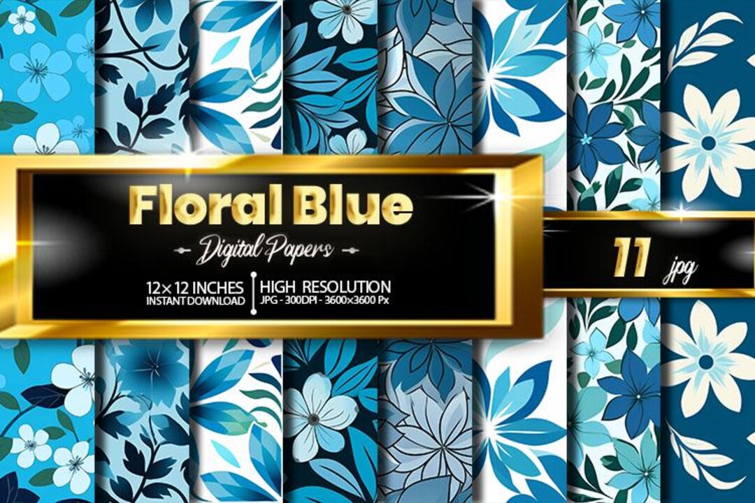Floral Blue Digital Paper Pack, 11 JPG Blue and White Flower Patterns ...