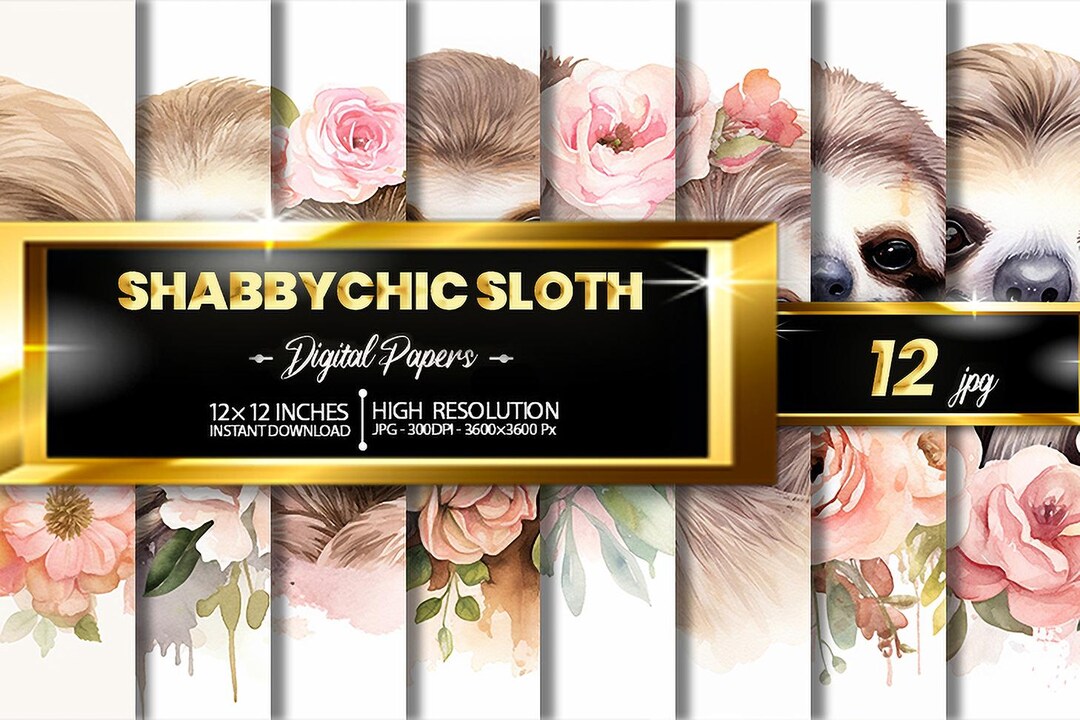Shabby Chic Sloth Digital Paper Pack, 12 JPG Watercolor Sloth Designs ...