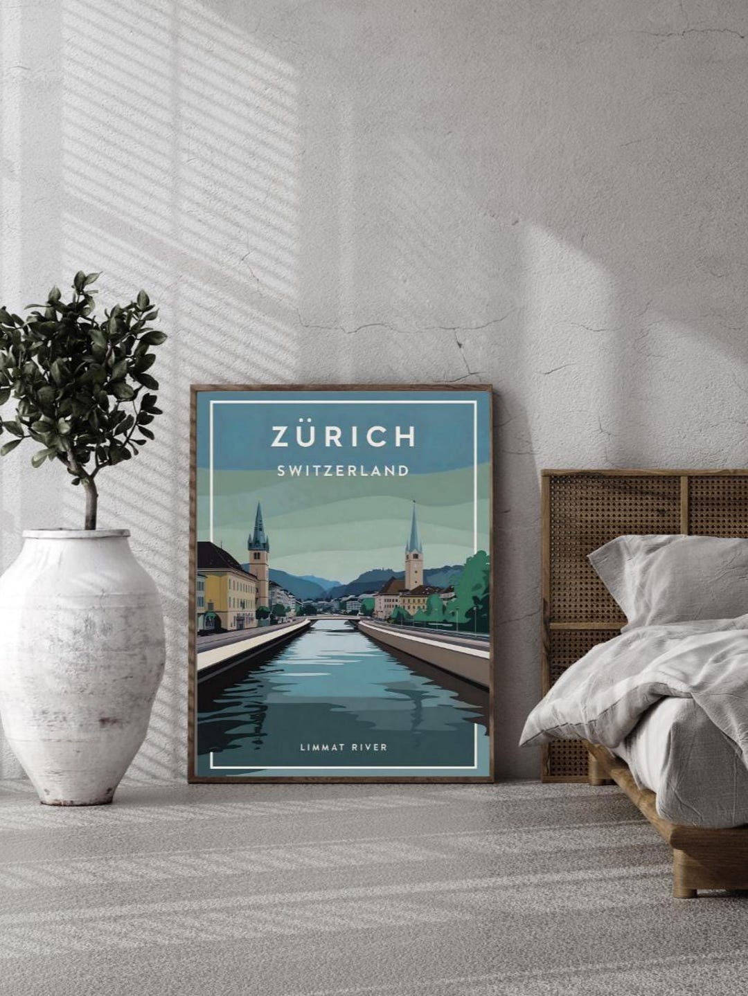 Zurich Switzerland Travel Poster | Limmat River Retro Wall Art Print ...