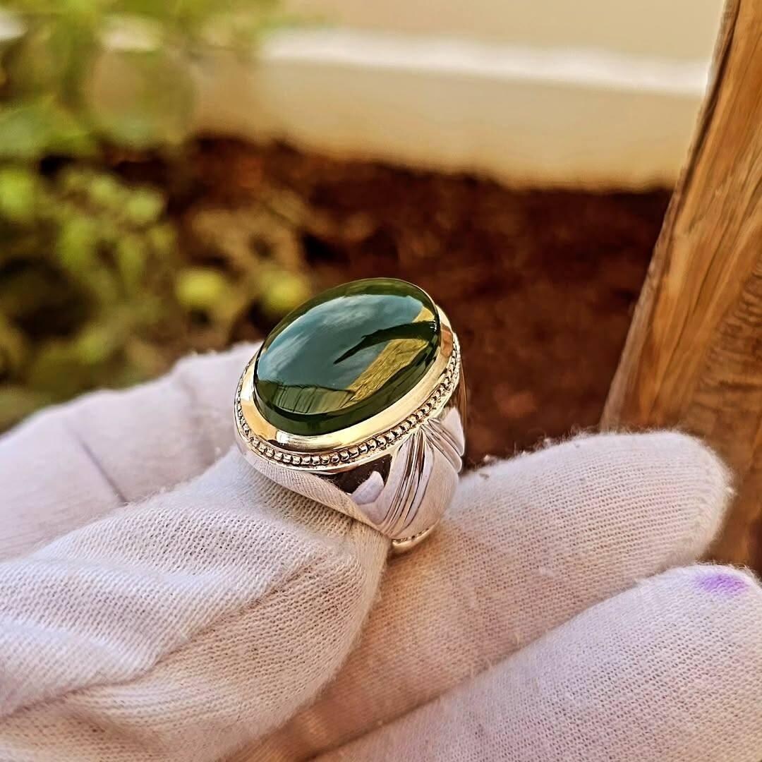 Natural Green Aqeeq Yemeni Stone Sterling Silver Ring Original Green ...