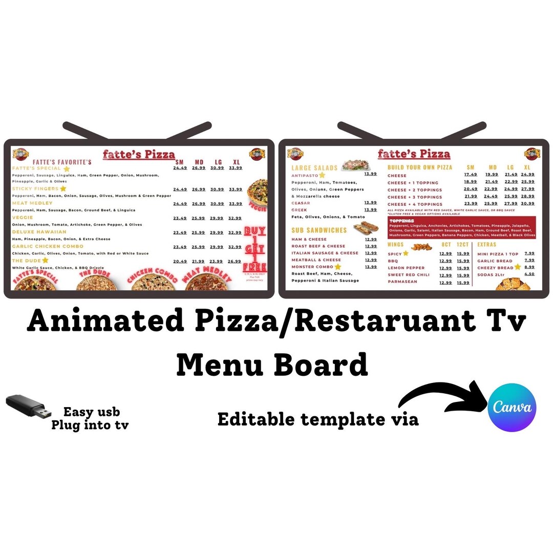 Digital Tv Menu for Pizzeria and Restaurants - Editable Digital Canva ...