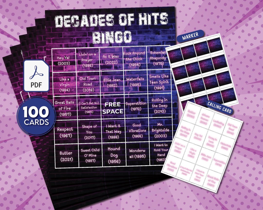 100 Decades of Hits Bingo Card, Family Night Gathering Printable, 70s ...