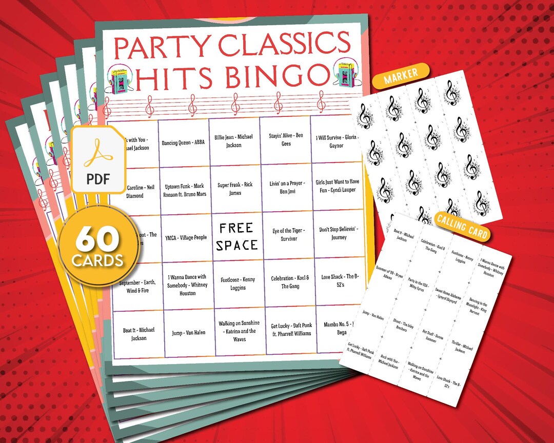 60 Party Classic Hits Music Bingo, Party Hits Music Bingo Cards, 80s ...