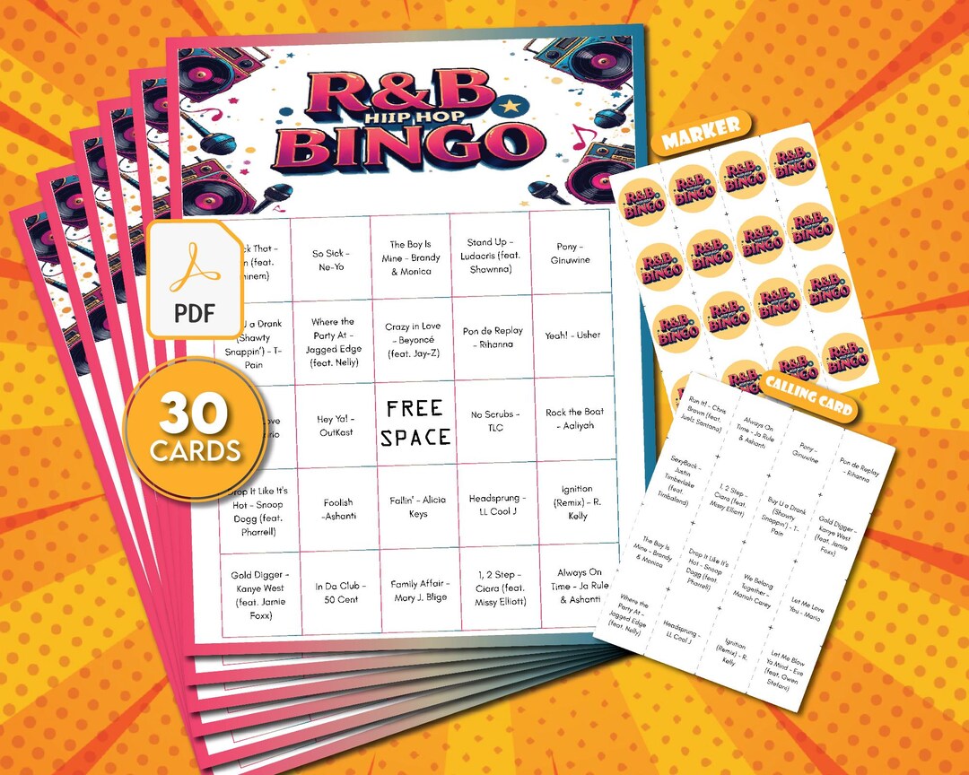 R&B Music Hits Bingo, Hip Hop Music Bingo, Ladies Night Singo, Rnb and ...