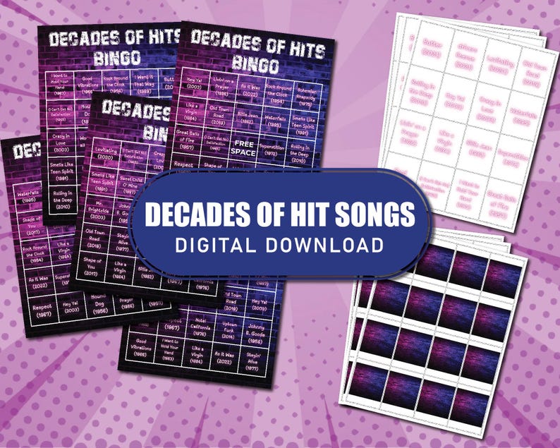 100 Decades of Hits Bingo Card, Family Night Gathering Printable, 70s ...