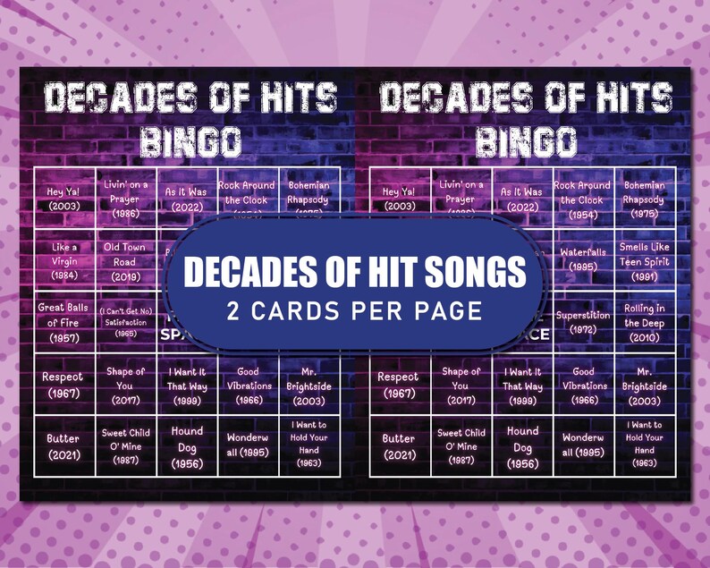 100 Decades of Hits Bingo Card, Family Night Gathering Printable, 70s ...