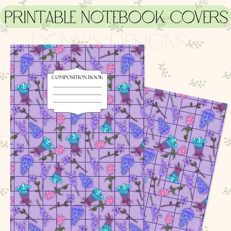Printable Composition Notebook Cover PNG | Purple Fantasy Flowers ...